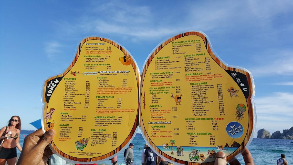 Menu at Mango Deck pub & bar, Cabo San Lucas, Playa El Medano S/N