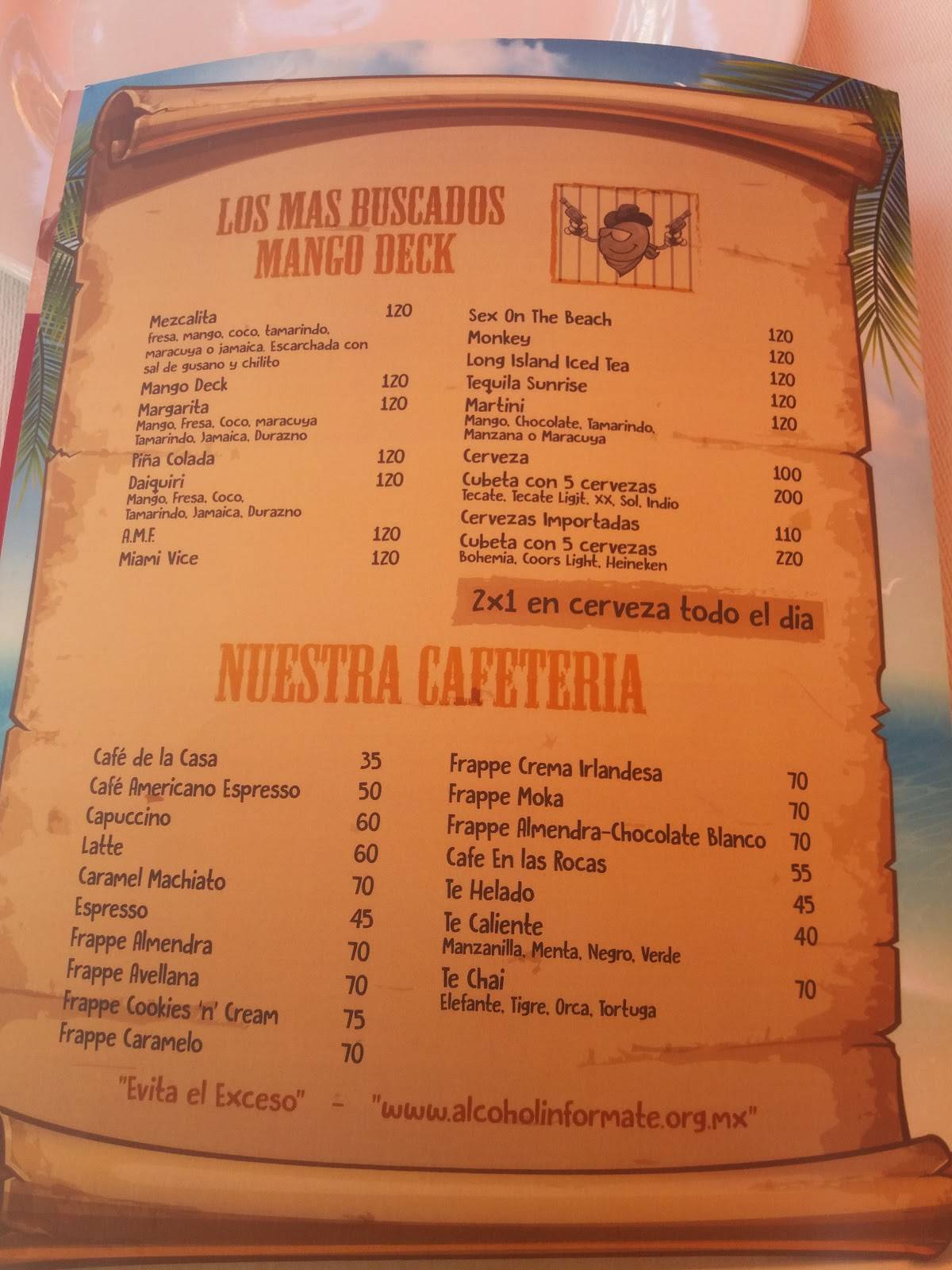 Menu at Mango Deck pub & bar, Cabo San Lucas, Playa El Medano S/N