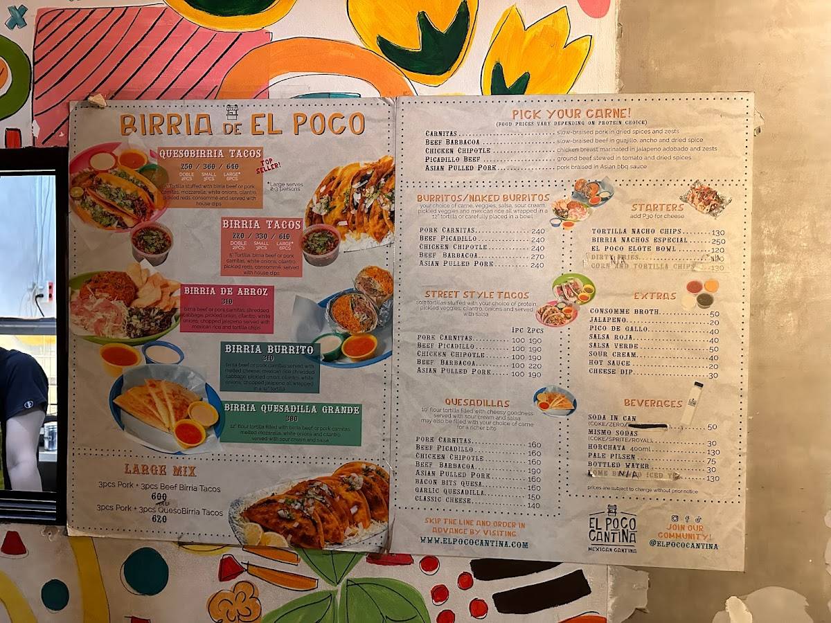 Menu at El Poco Cantina restaurant, Manila