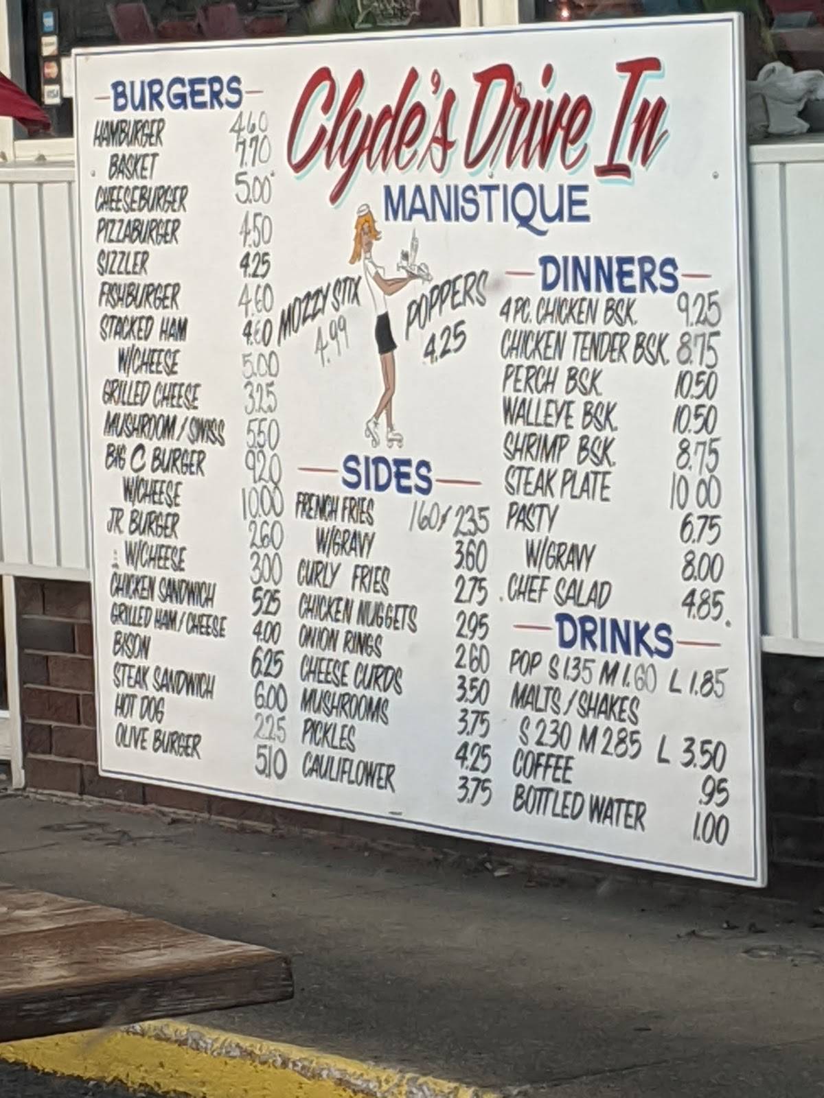 Menu at Clyde's Drive-In restaurant, Manistique