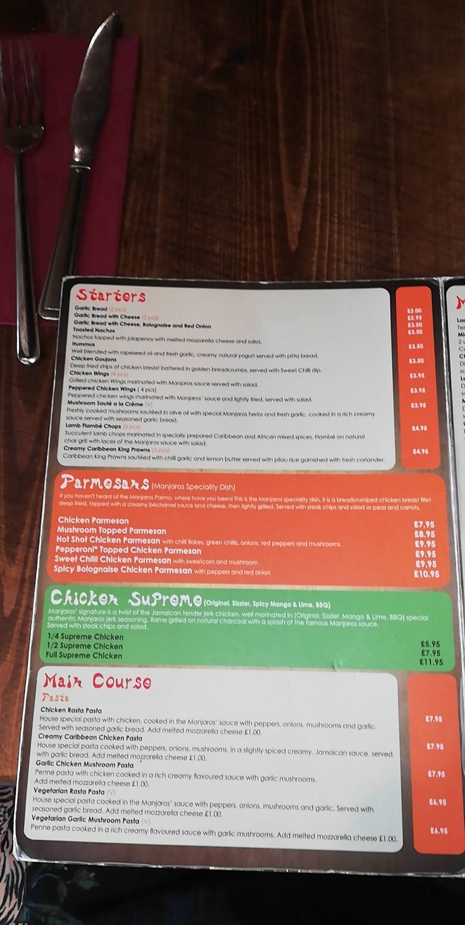 Menu at Manjaros Restaurant Manchester, Manchester