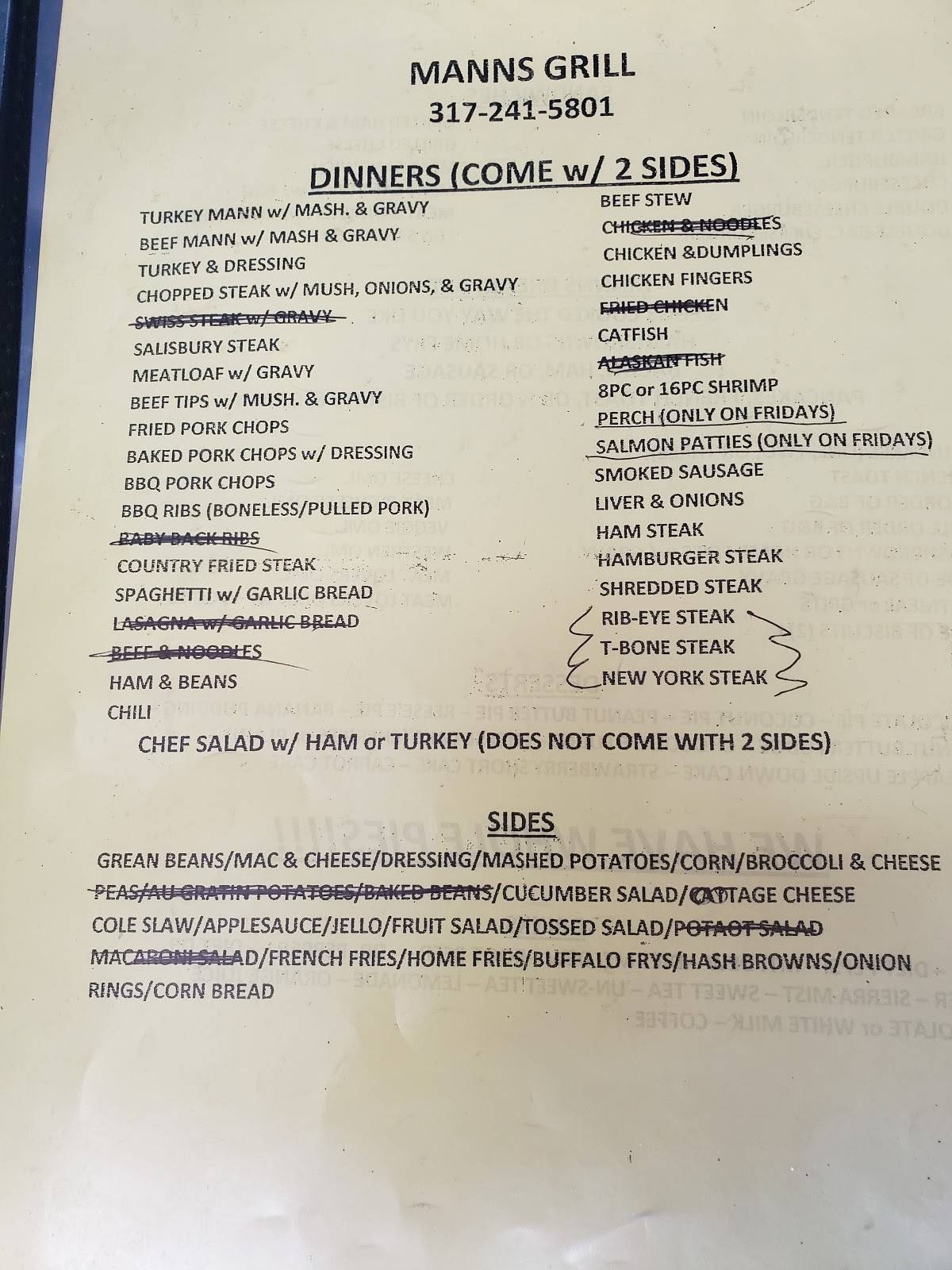 Menu at Mann's Grill restaurant, Indianapolis