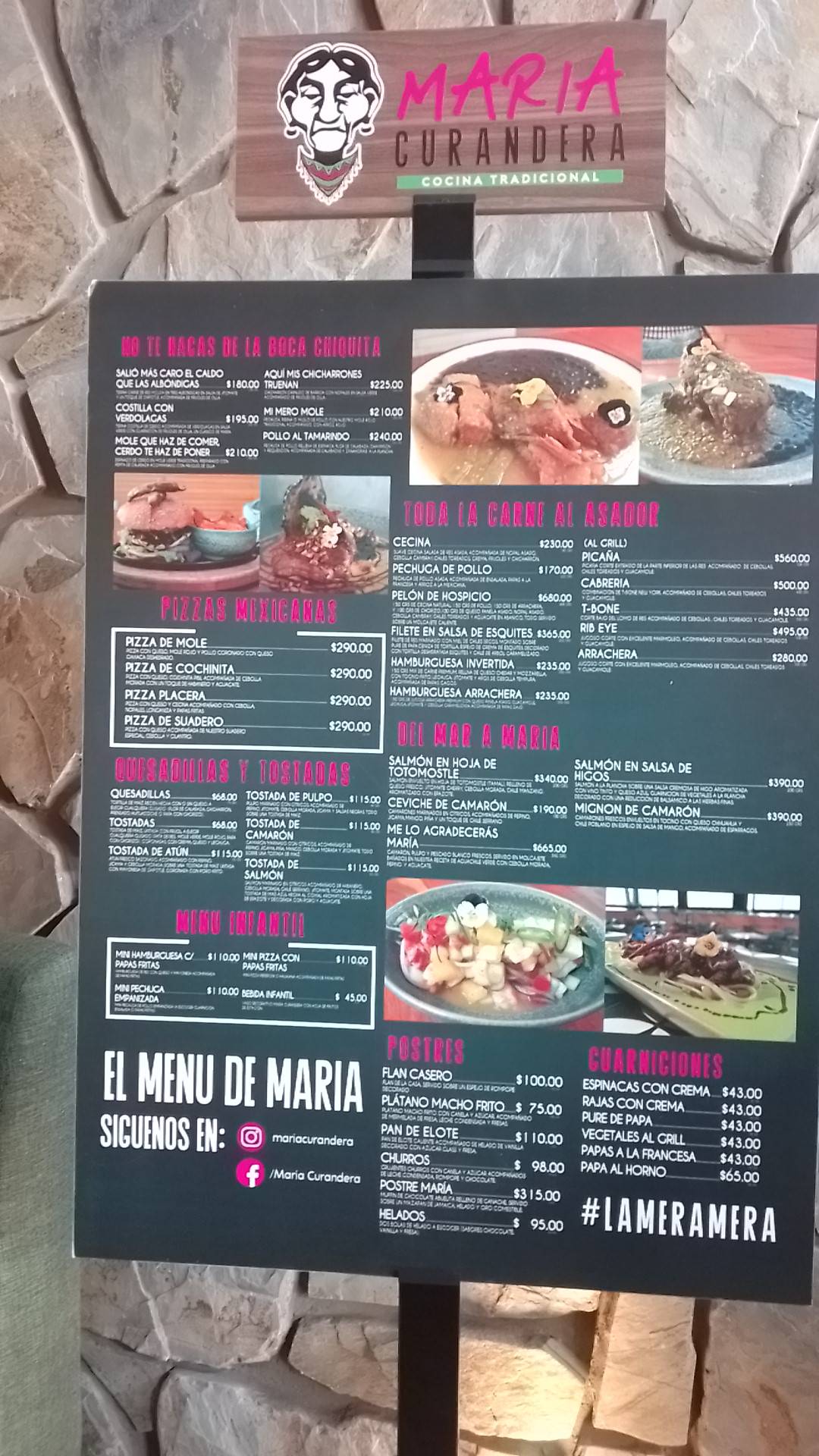 Carta del restaurante María Curandera, Ciudad López Mateos