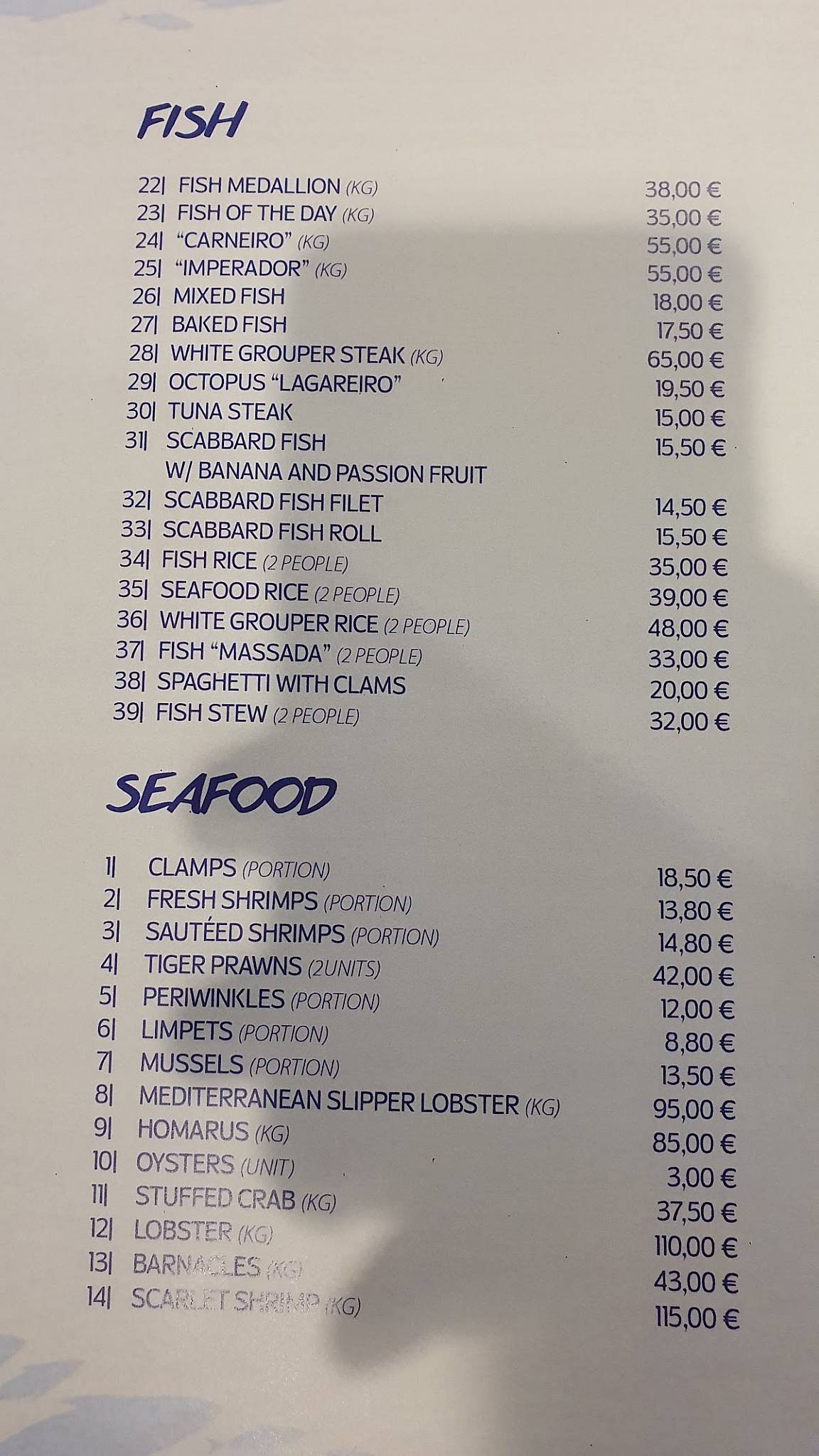 Menu at MaréAlta - Peixe & Mariscos restaurant, Machico