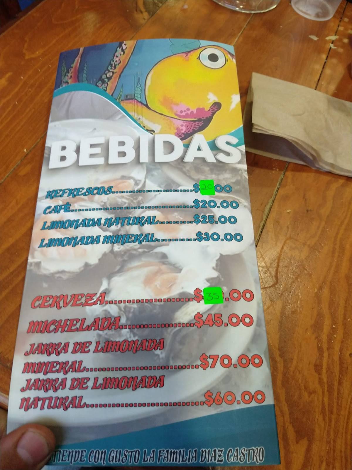 Carta del restaurante Mariscos Sinaloa, Madera