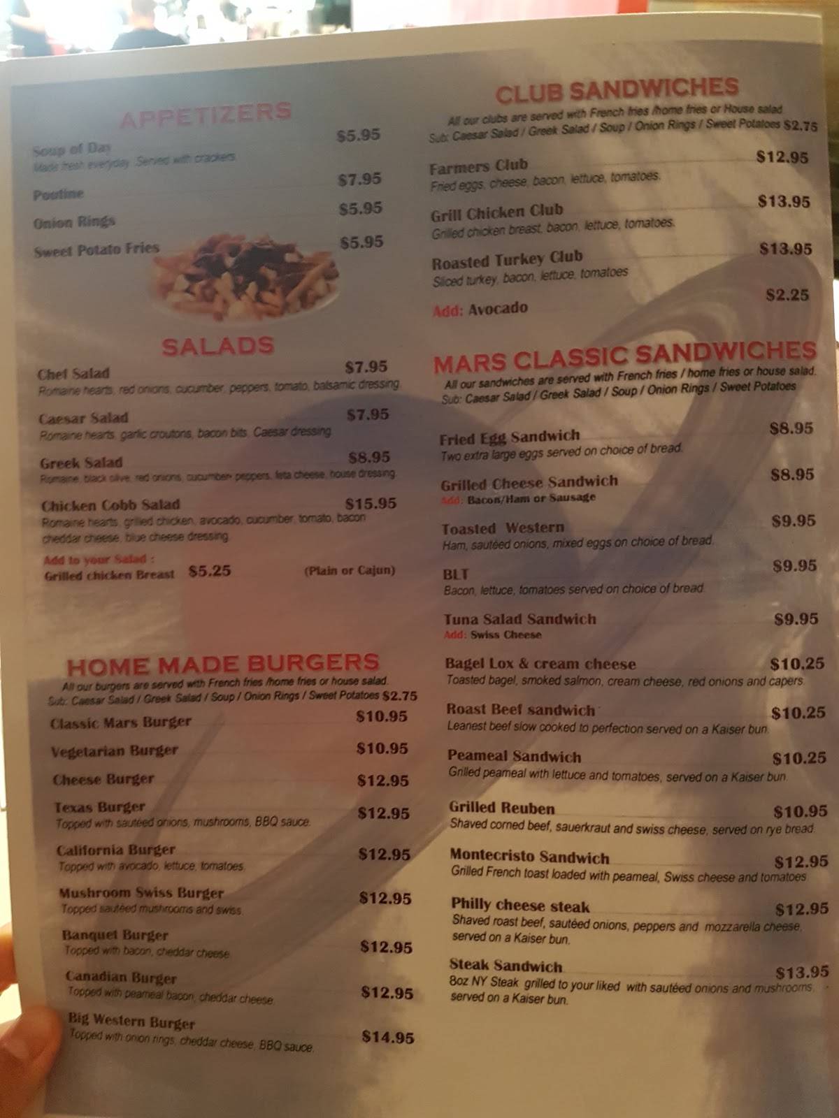 Menu at Mars Diner restaurant, Toronto