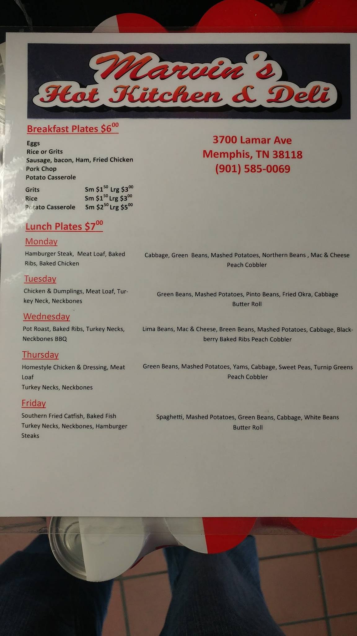 Menu at Marvin's Hot Kitchen & Deli restaurant, Memphis, Lamar Ave