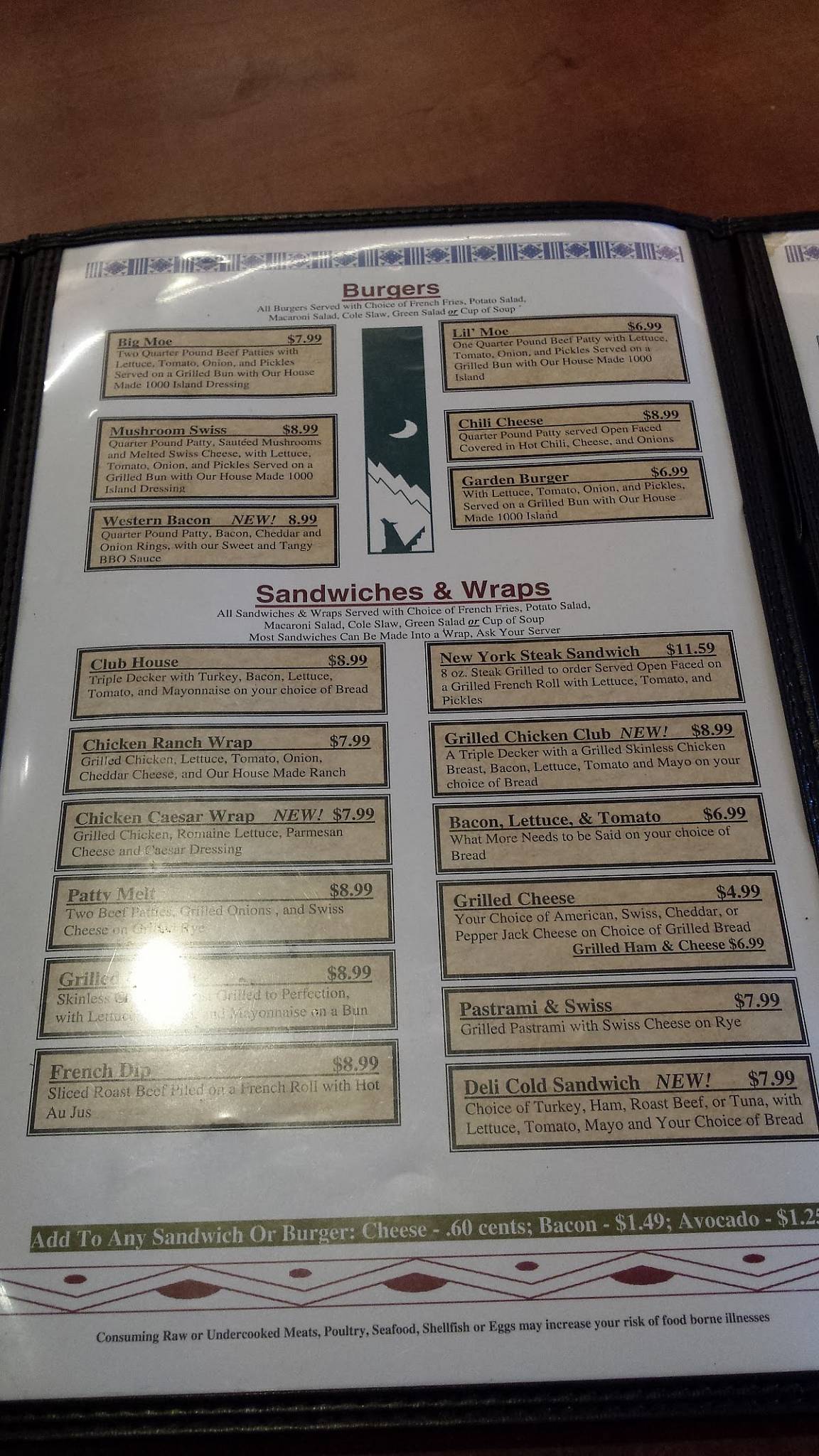Menu at Mary & Moe's WigWam pub & bar, Fernley