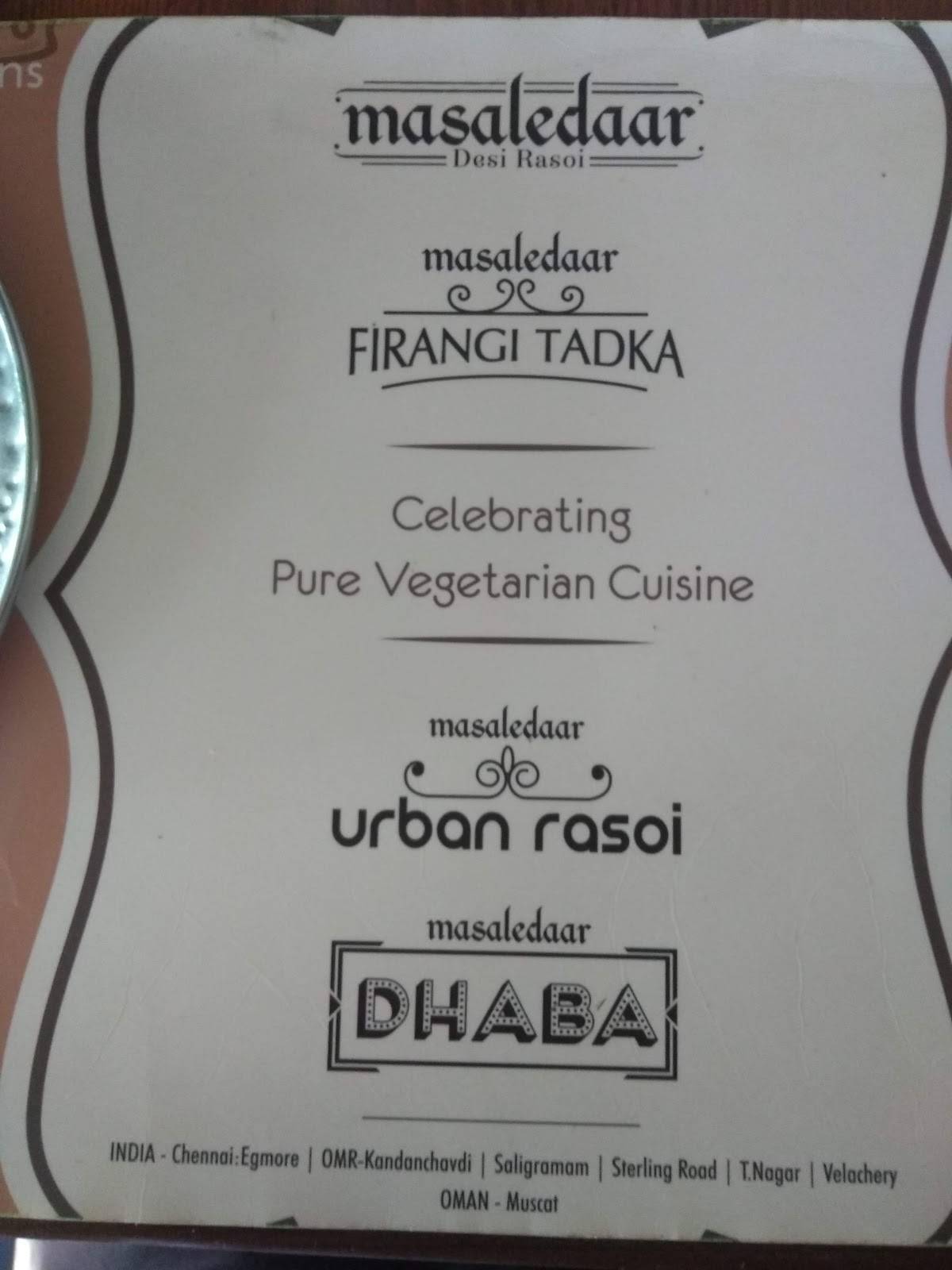 Menu at Masaledaar Desi Rasoi, Chennai, Wellingdon Estate