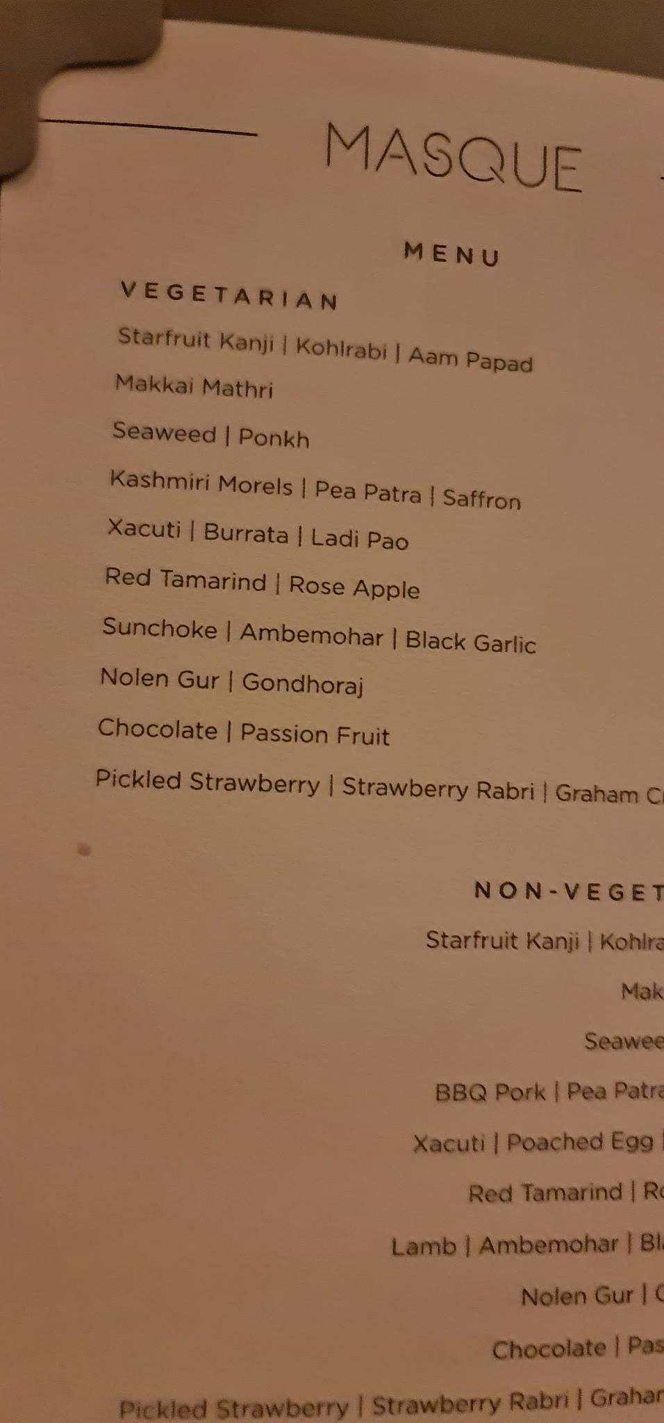 Menu at Masque, Mumbai
