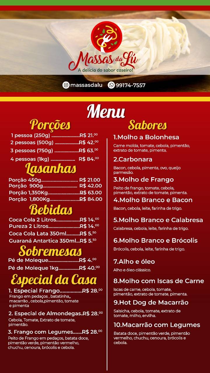 Menu em Massas da Lú restaurante, Palhoça