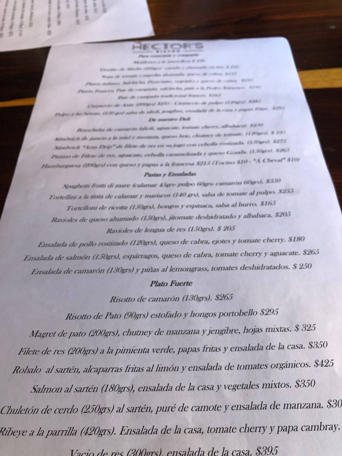 Menu at Hector's Bistro restaurant, Mazatlán