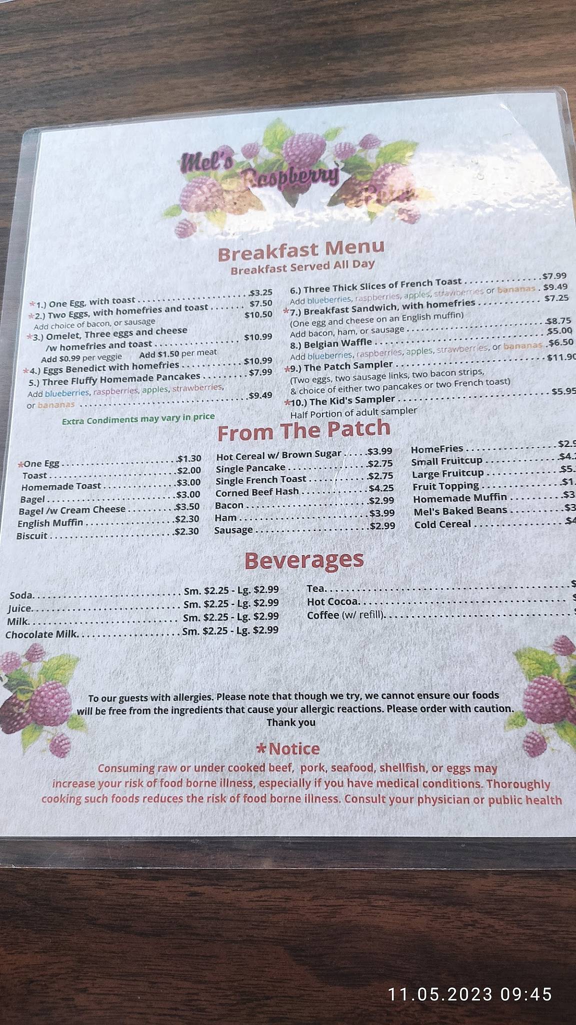 Menu at Mel's Raspberry Patch restaurant, Sanford, 372 Alfred Rd