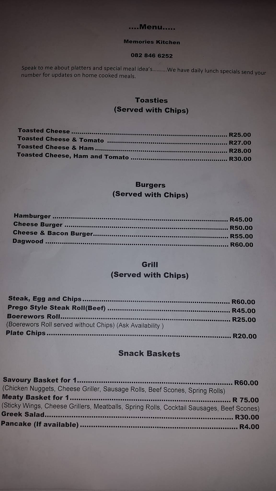 Menu at Memories Pub & Grill, Secunda