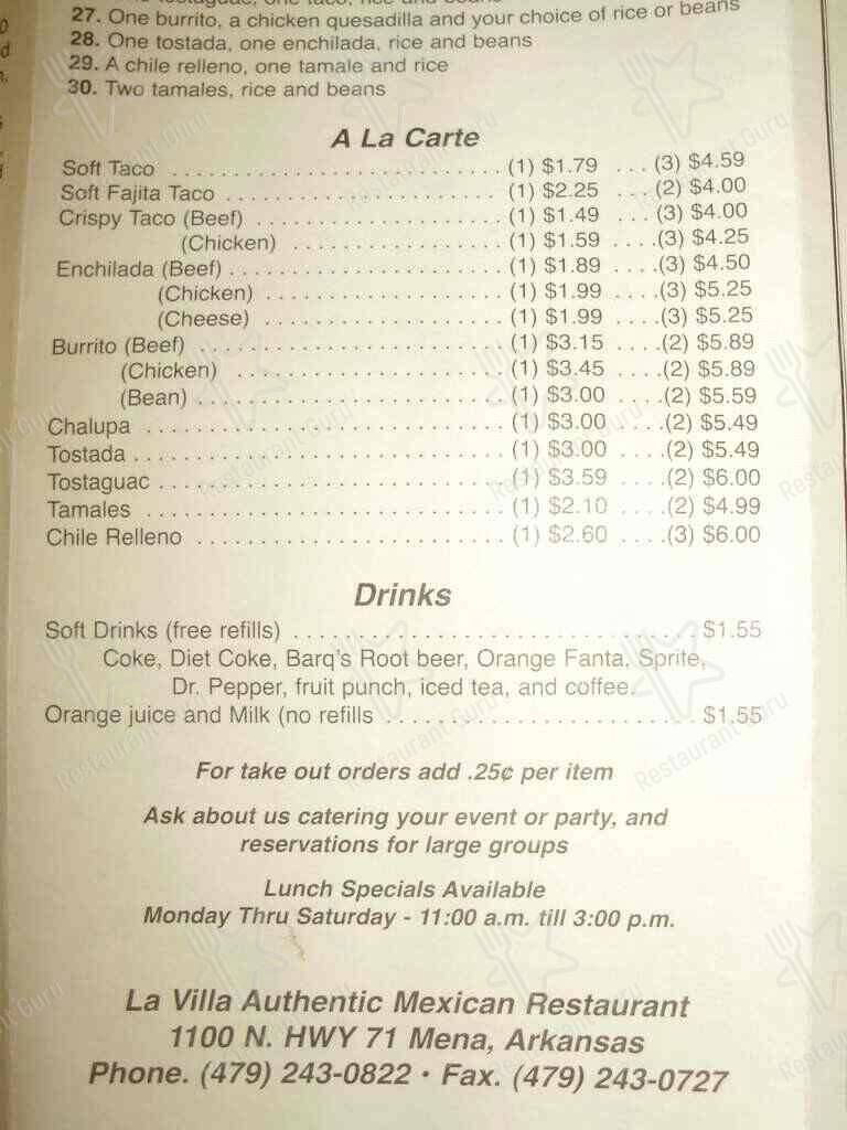 Menu at La Villa Mexican Restaurant, Mena