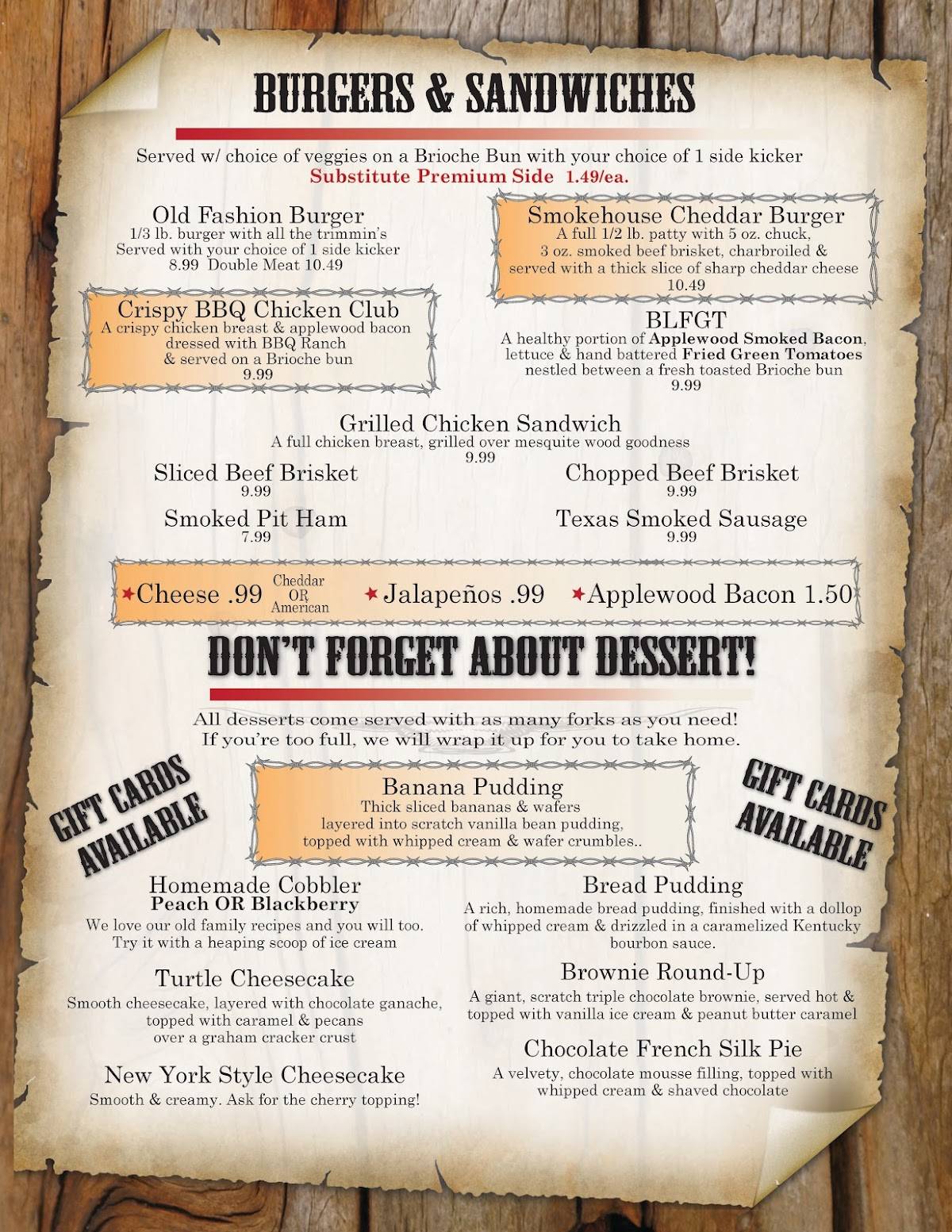 Menu at Mesquite Pit BBQ, Weatherford