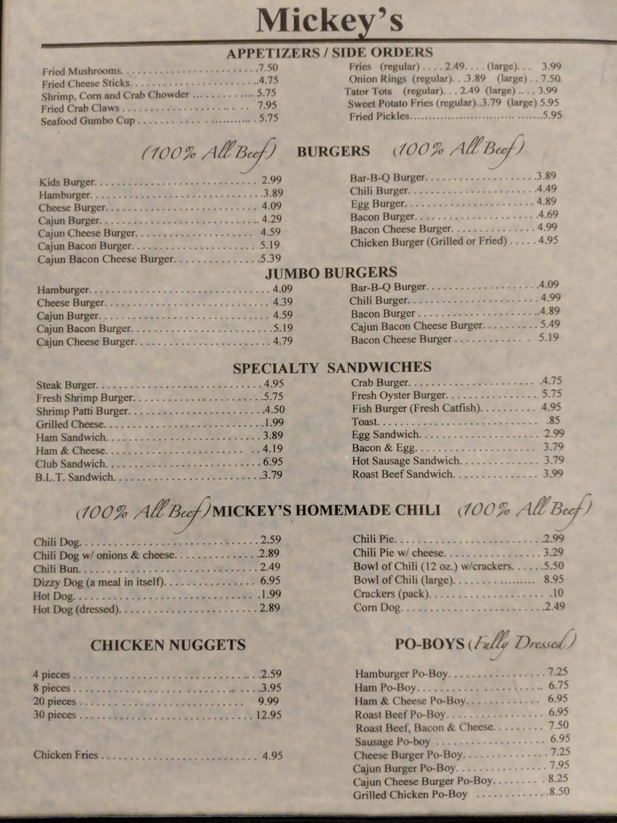 Menu at Mickey's Drive Inn restaurant, Kaplan