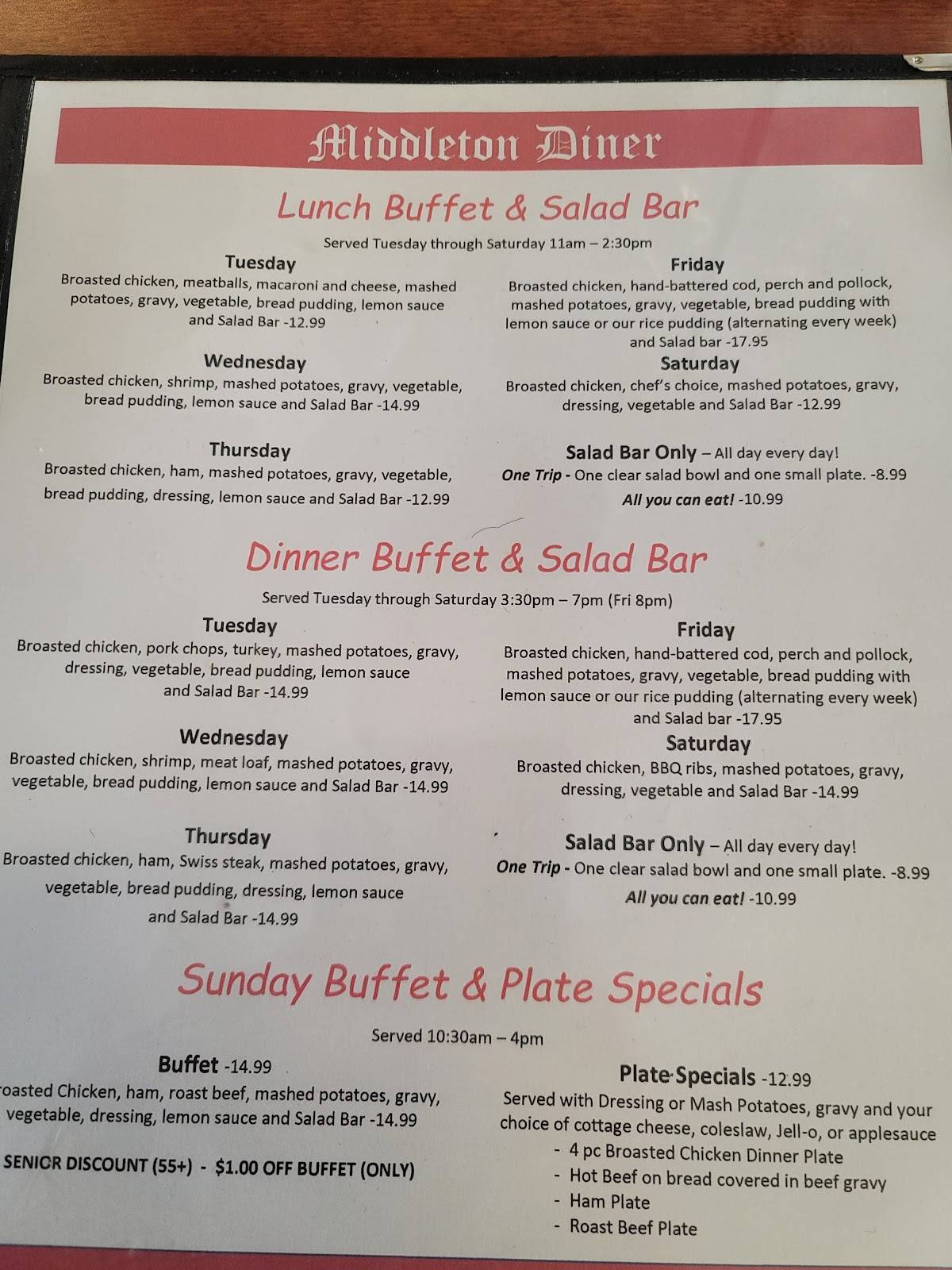 Menu at Middleton Diner restaurant, Middleton