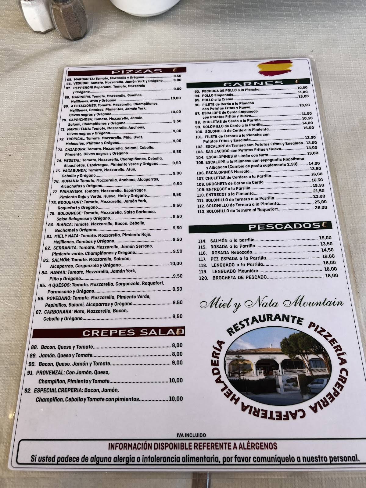 Carta del restaurante Miel y Nata, Calahonda, C. Don José del Orbaneja