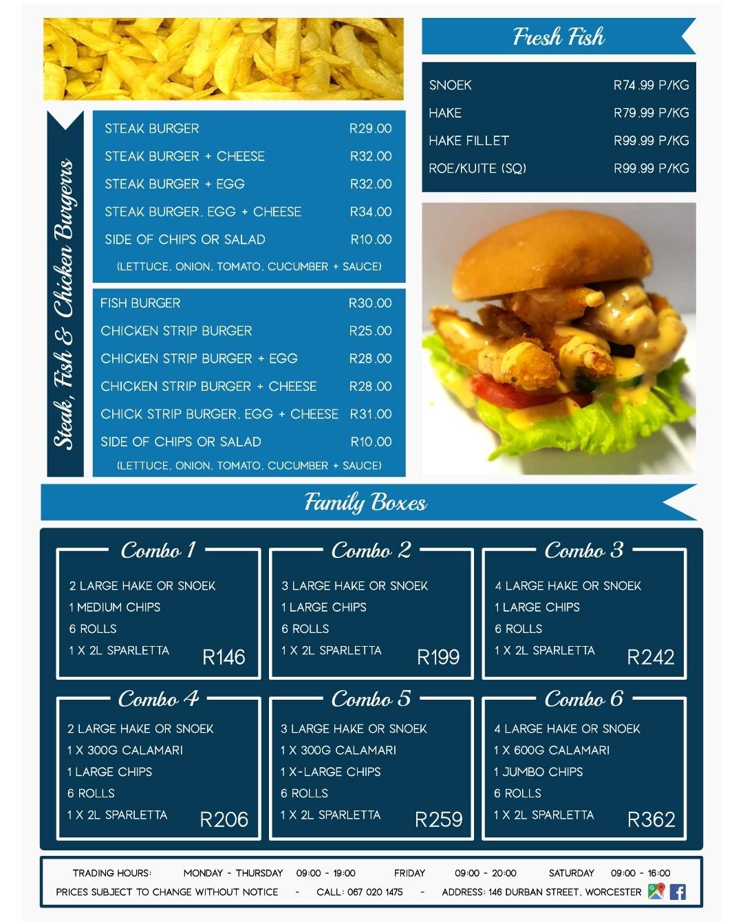 Menu at Miguel's Reel Fish Co. restaurant, Worcester
