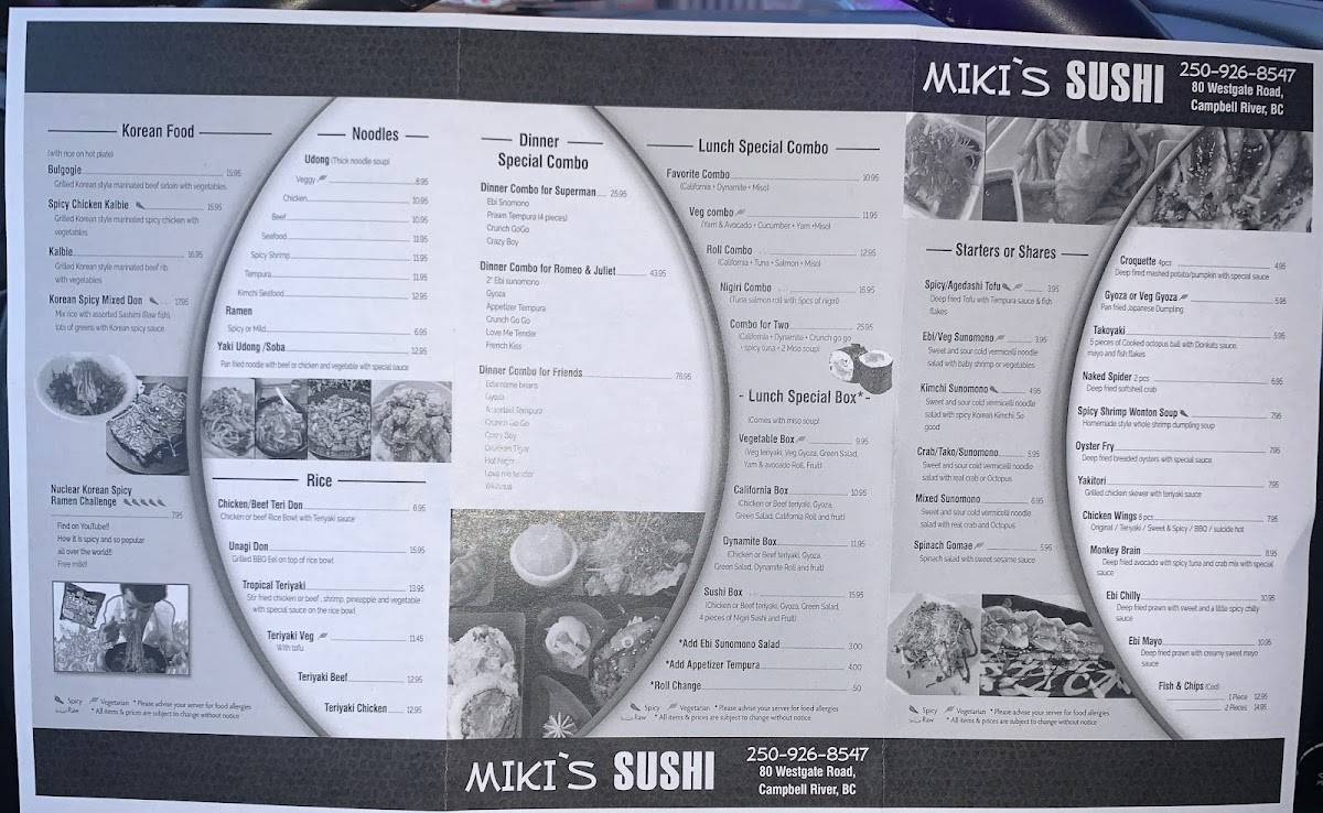Menu at Miki's Sushi restaurant, Campbell River