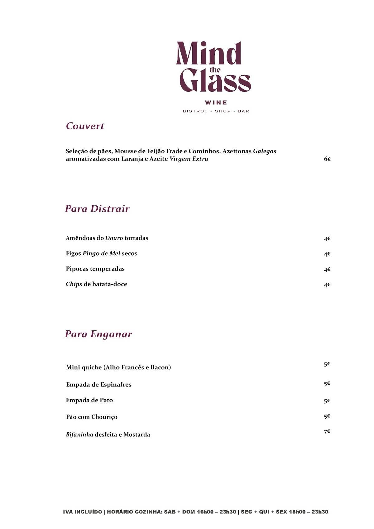 Menu em Mind the Glass pub & Bar, Porto