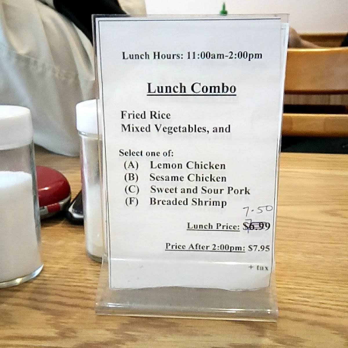 Menu at Ming's Chinese Restaurant, Waterloo