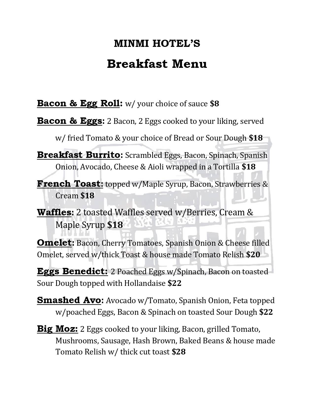 Menu at Minmi Restaurant, Minmi