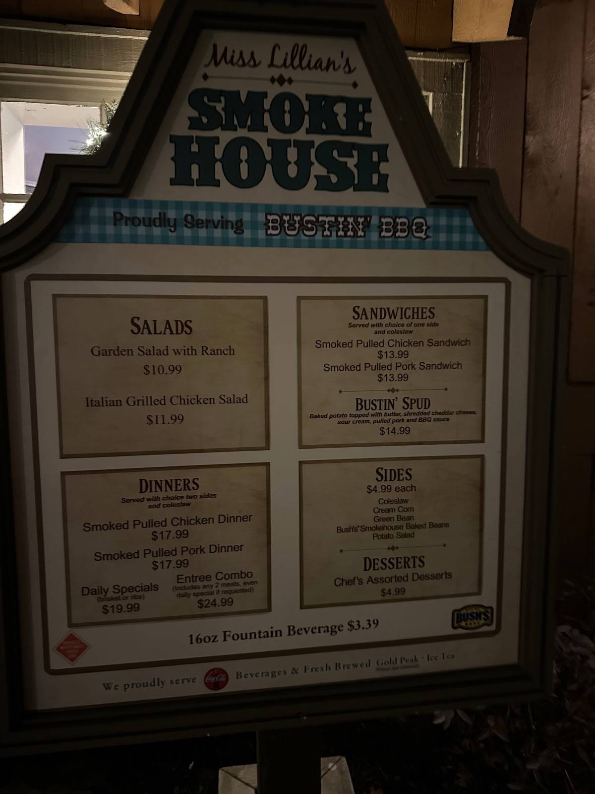 Menu at Miss Lillian's Smoke House restaurant, Pigeon Forge