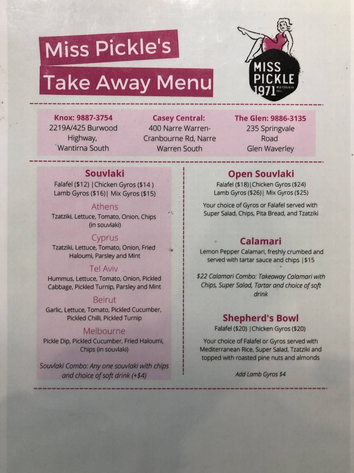 Menu at Miss Pickle 1971 Restaurant Point Cook, Point Cook