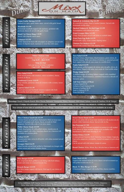 Menu at Mixx On Main pub & bar, Hilton Head Island