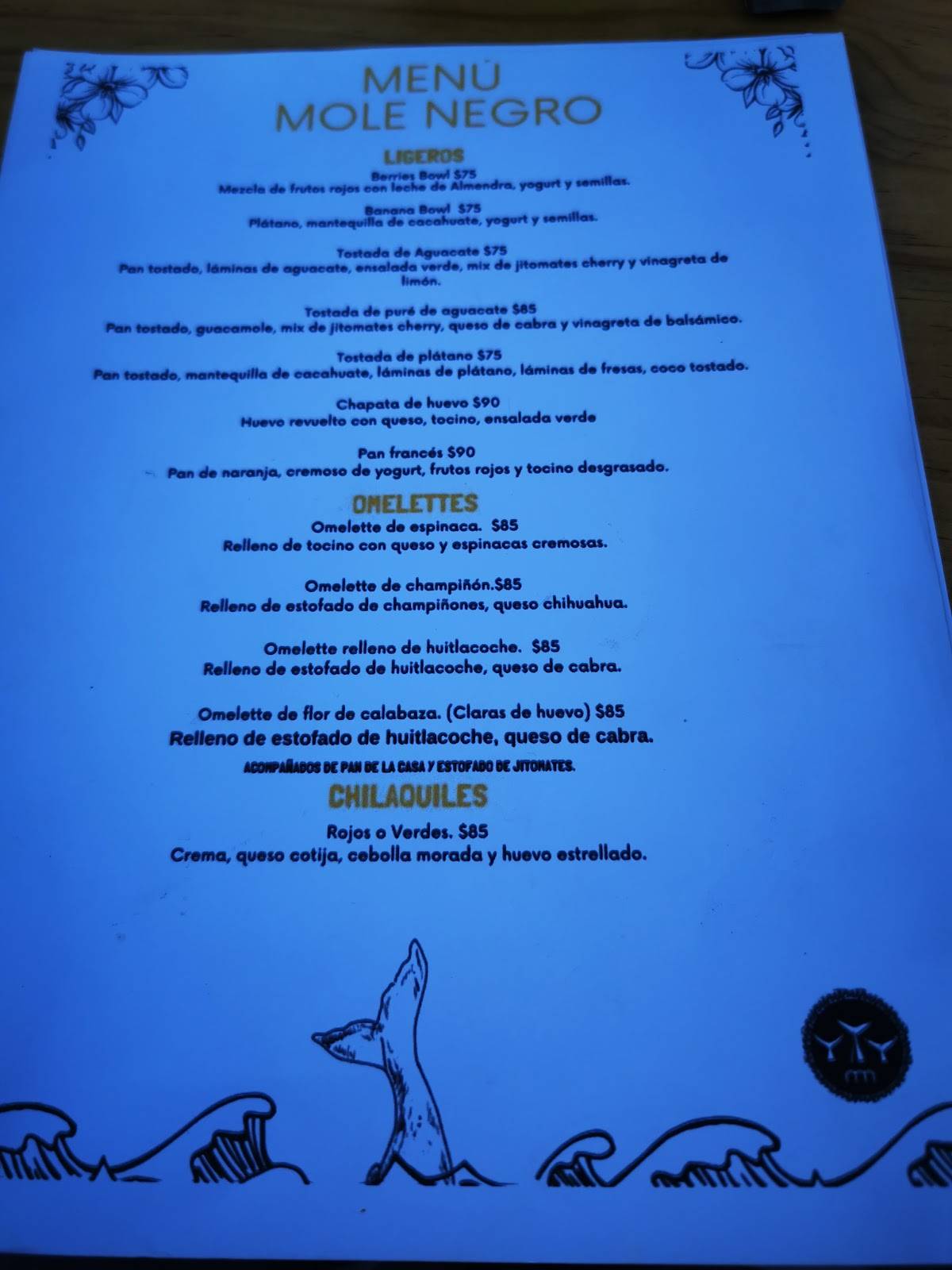 Carta del restaurante Mole Negro, Zihuatanejo