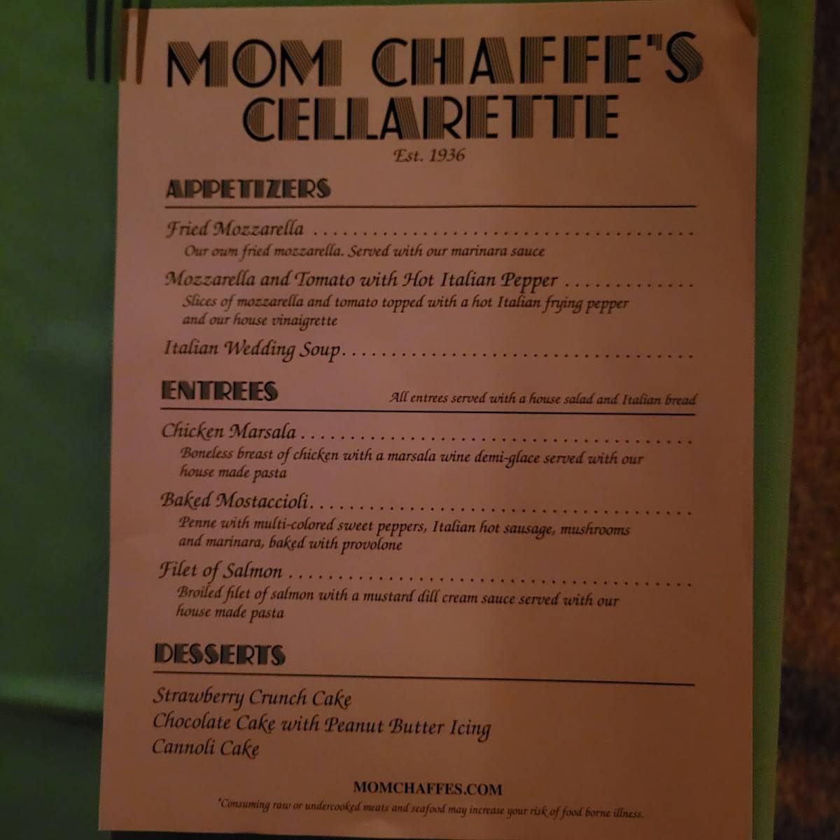 Menu at Mom Chaffe's Cellarette restaurant, West Reading