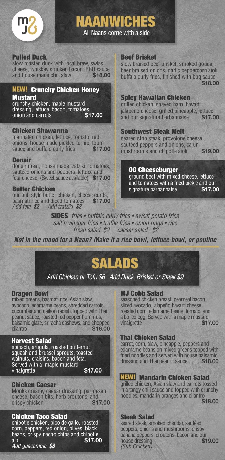 Menu at Monks & Jonesie restaurant, Fredericton