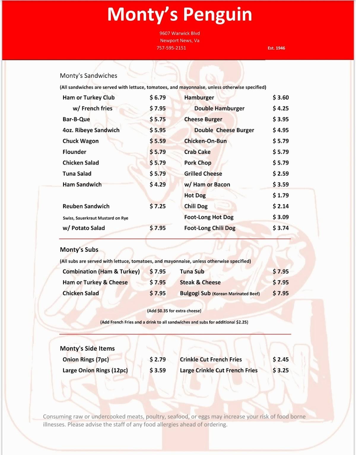 Menu at Monty's Penguin restaurant, Newport News
