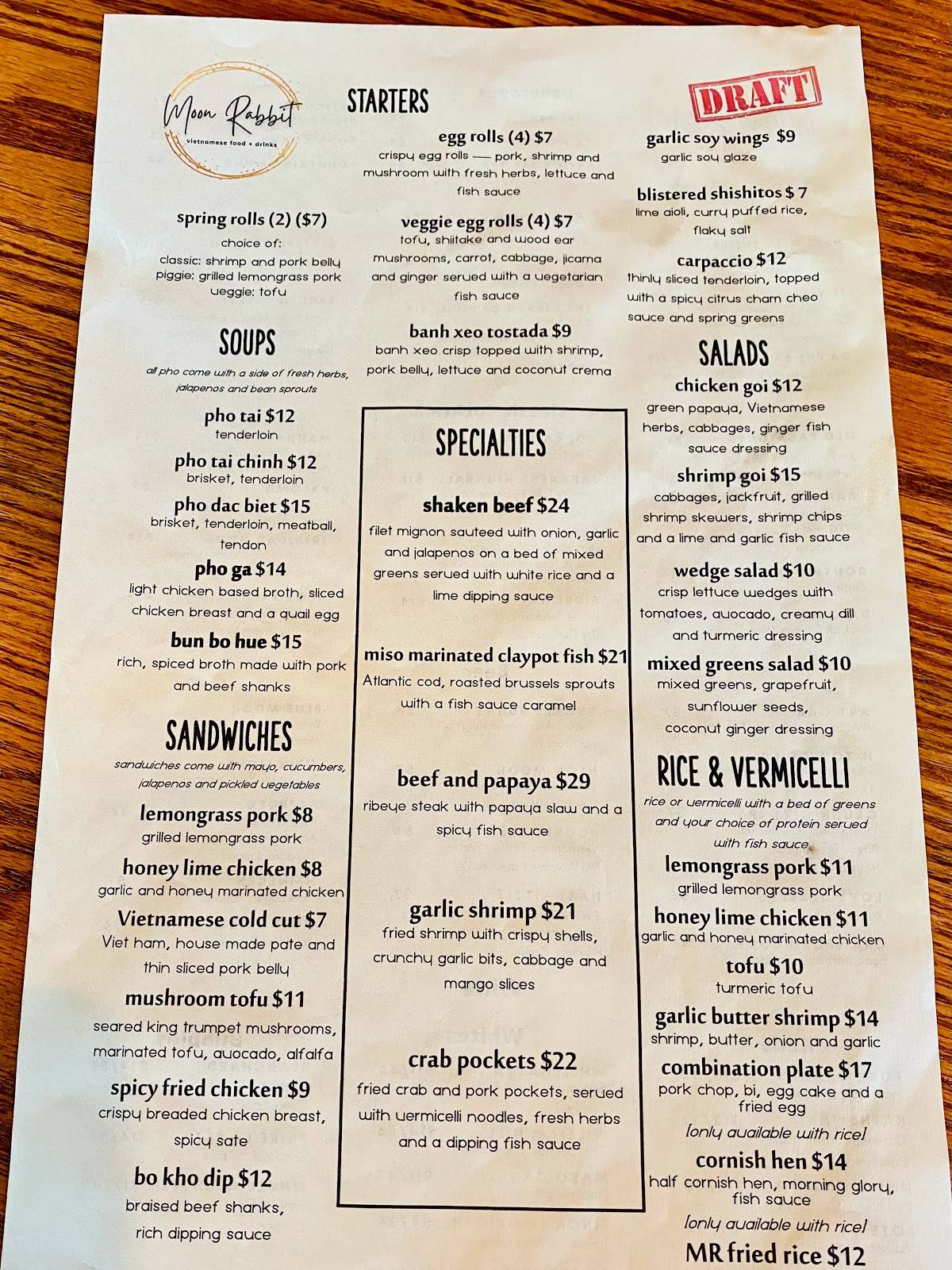 Carta del restaurante Moon Rabbit, Houston, 605 W 19th St