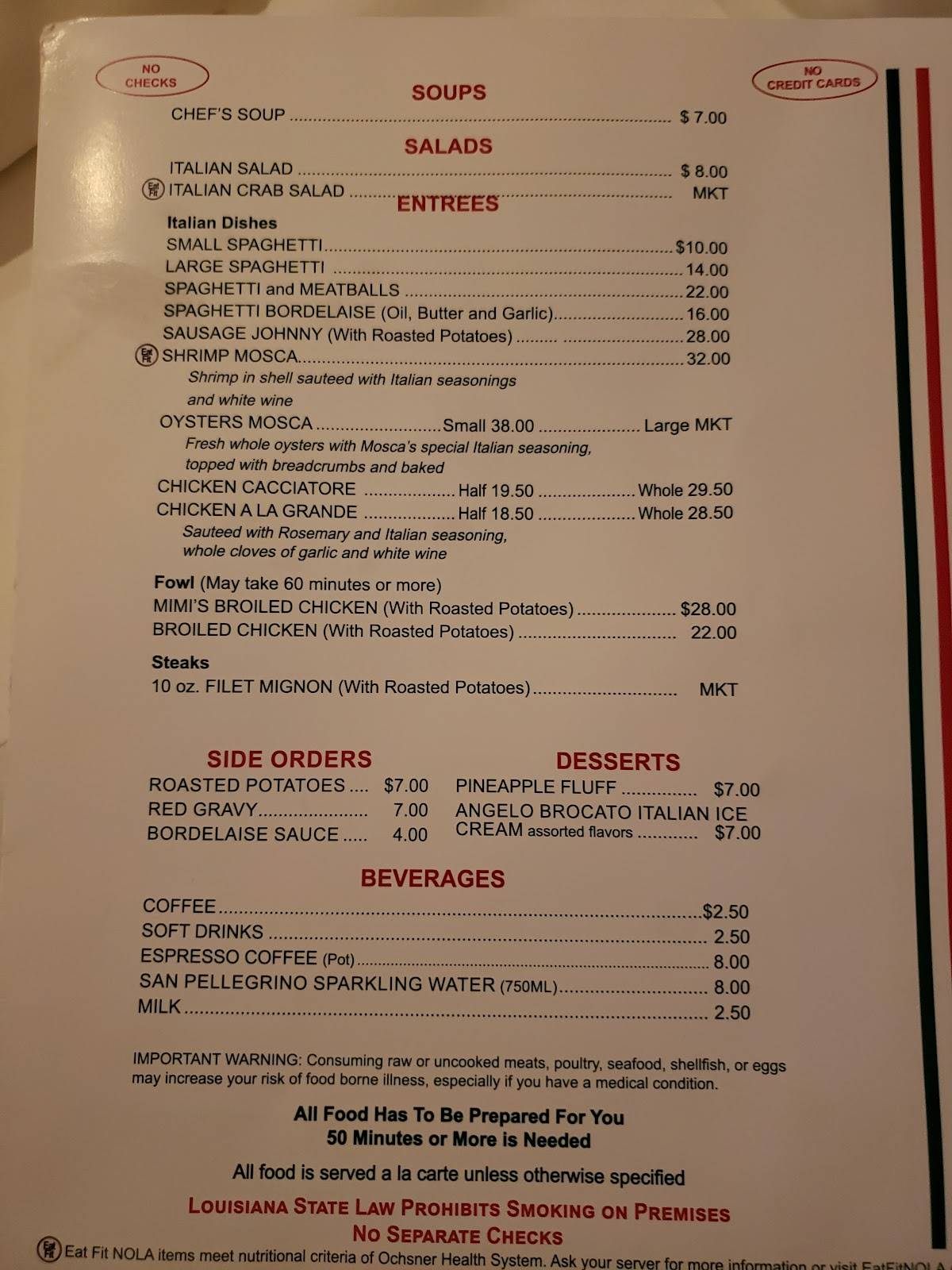 Menu at Mosca's Restaurant, New Orleans