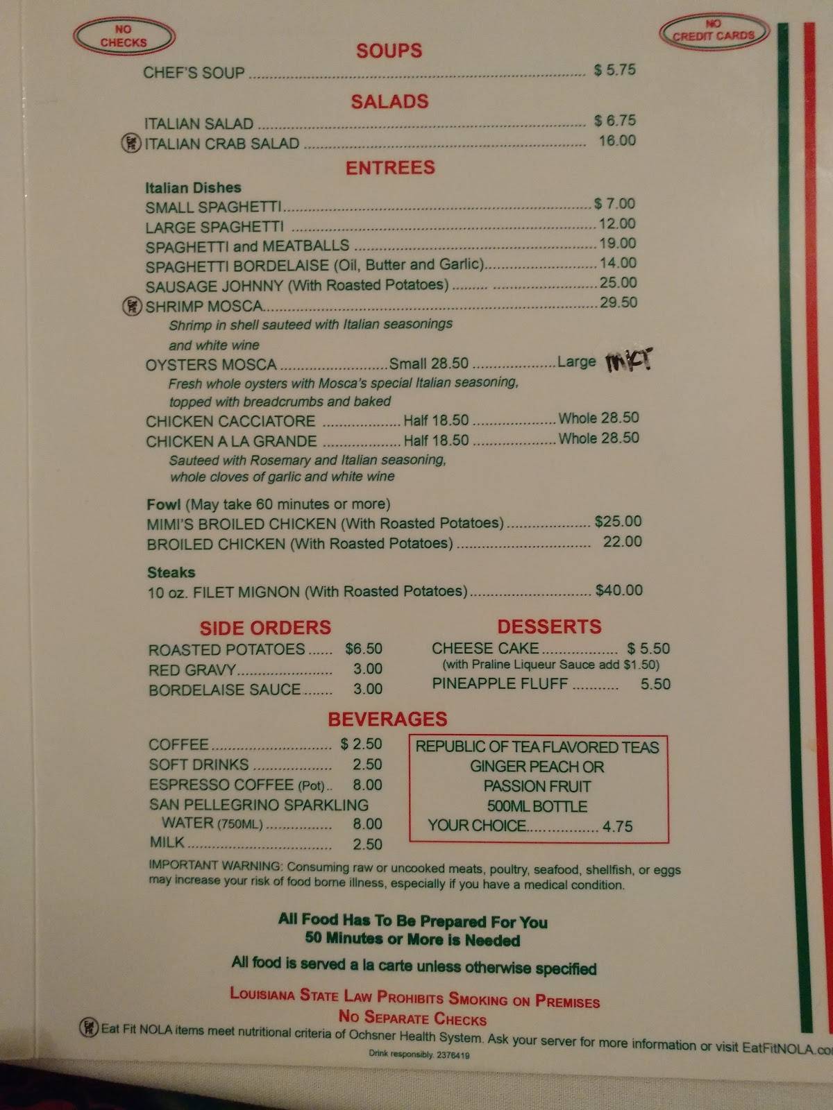 Menu at Mosca's Restaurant, New Orleans