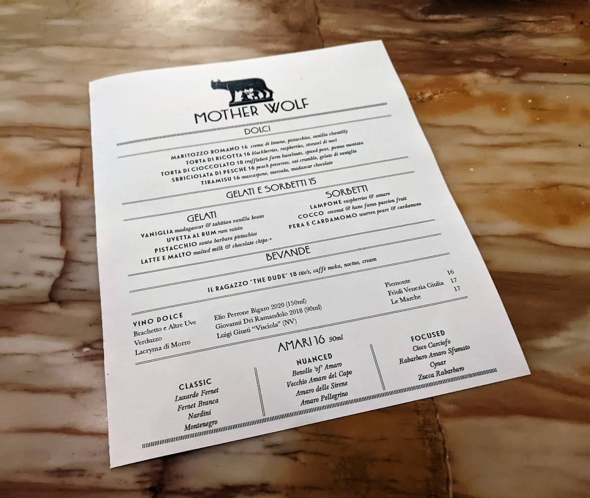 Menu at Mother Wolf restaurant, Los Angeles
