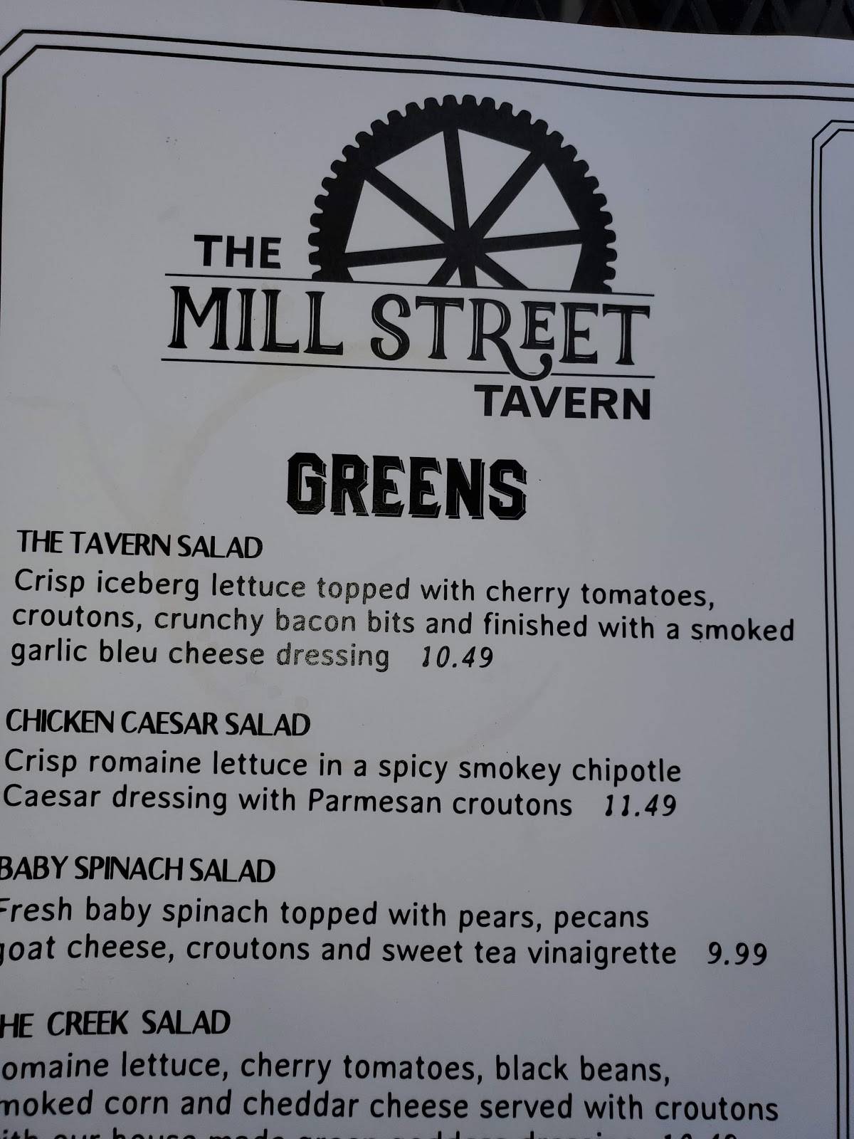 Menu at The Mill Street Tavern restaurant, Mount Pleasant