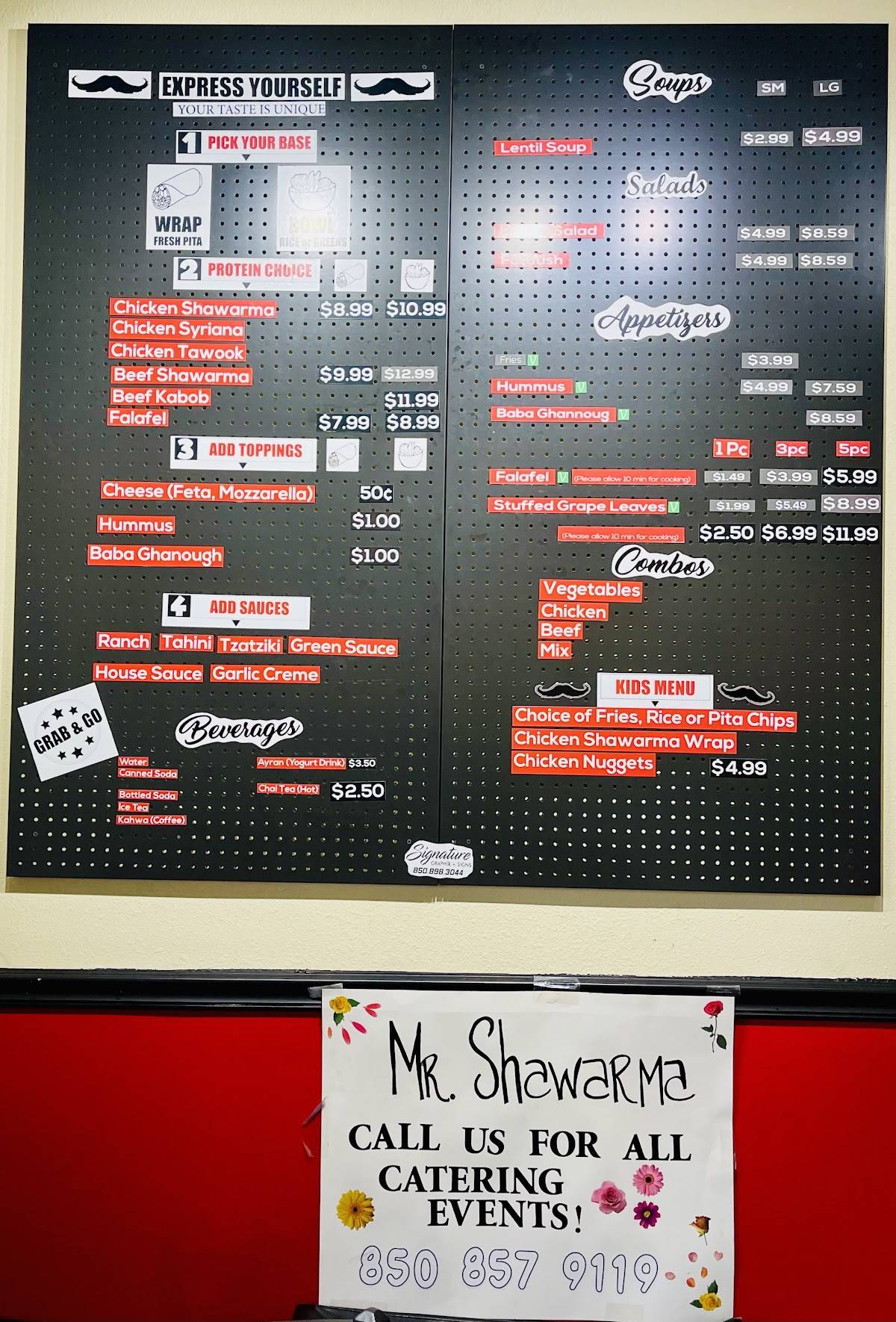Menu at Mr. Shawarma restaurant, Pensacola