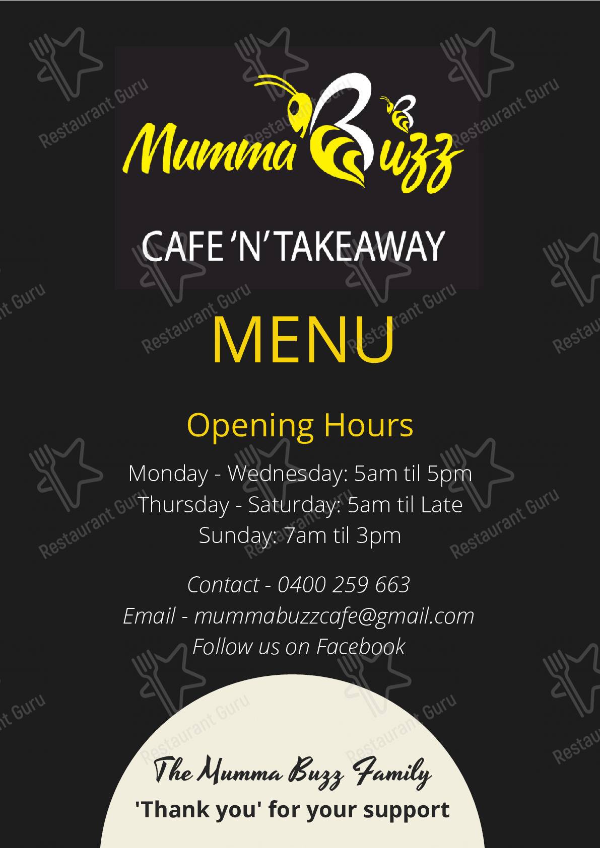 Menu at Mumma Buzz Cafe 'N' Takeaway, Deloraine