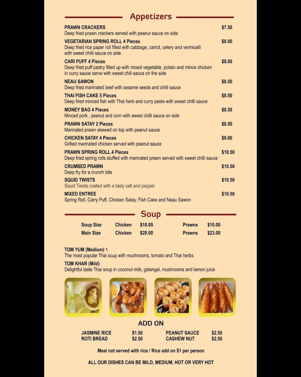 Menu at Nakontong Thai restaurant, Thames
