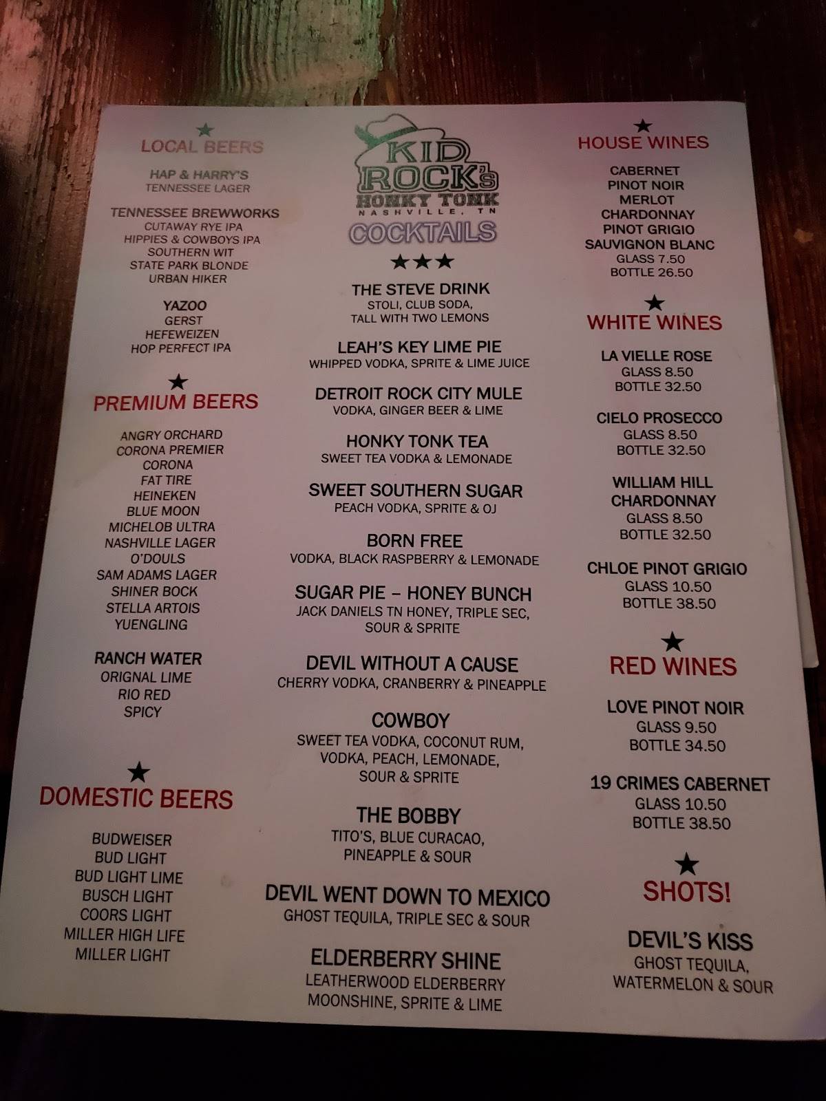 Menu at Kid Rock's Big Ass Honky Tonk Rock N' Roll Steakhouse, Nashville