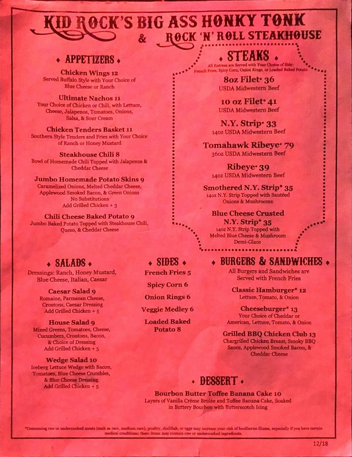 Menu at Kid Rock's Big Ass Honky Tonk Rock N' Roll Steakhouse, Nashville