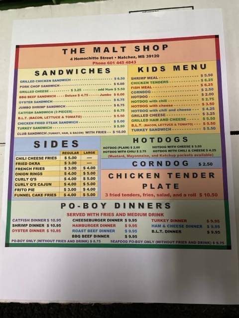 Menu at The Malt Shop fast food, Natchez