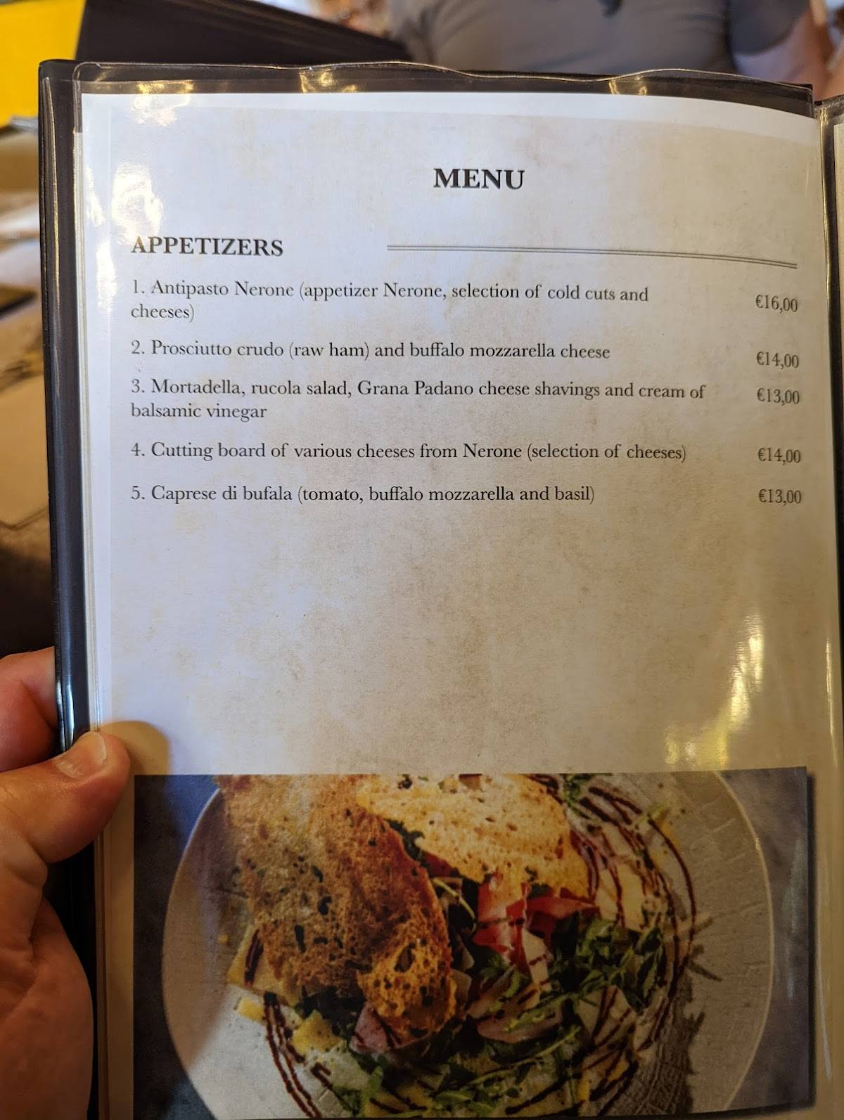 Menu at Nerone pizzeria, Rome, Via del Viminale