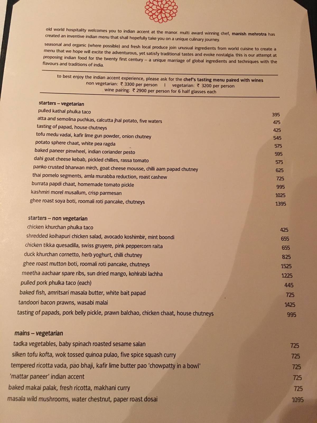 Menu at Indian Accent, New Delhi, The Lodhi