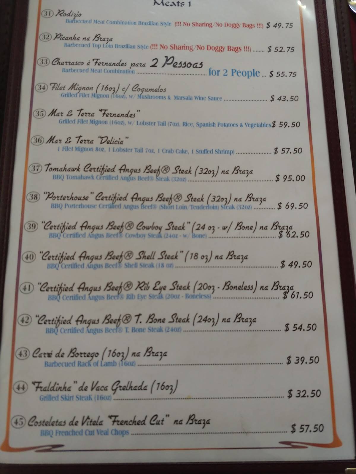 Menu at Fernandes Steak House II steakhouse, Newark