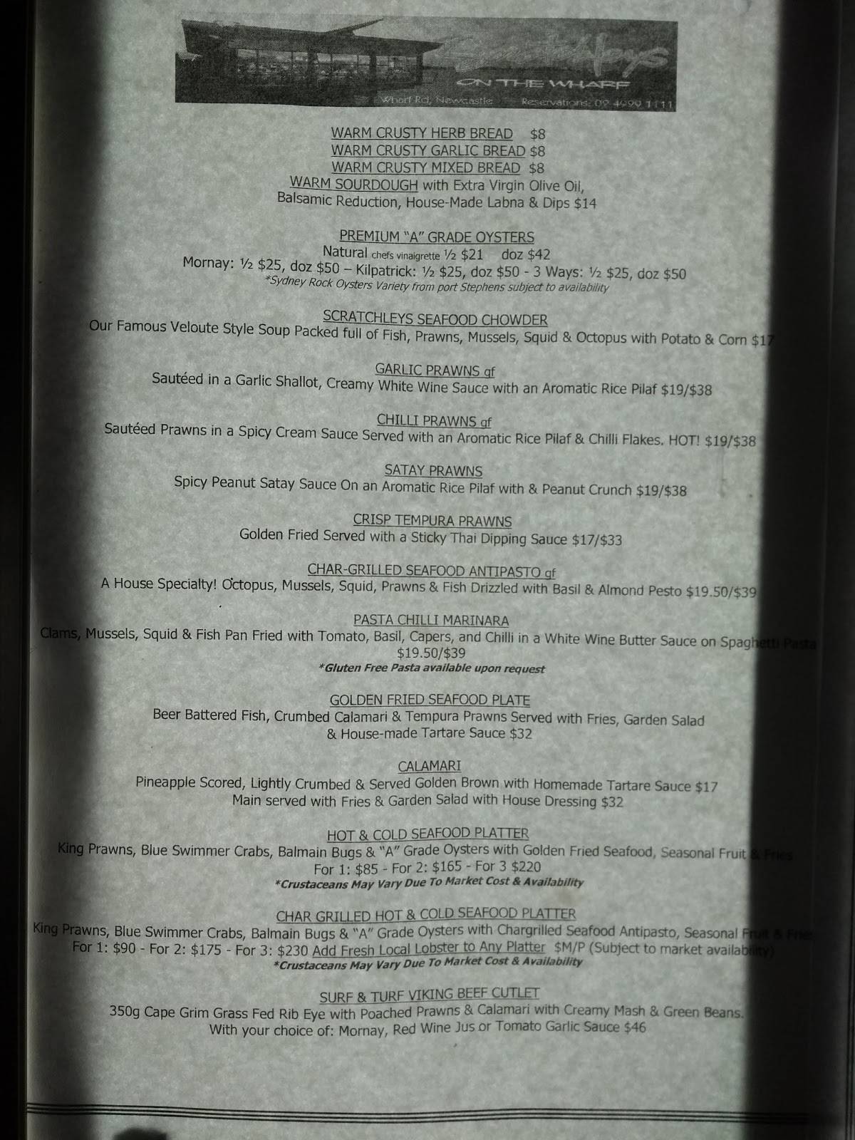 Menu at Scratchleys on the Wharf restaurant, Newcastle, 200 Wharf Rd